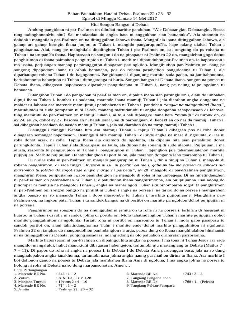 Bahan Patanakhon Hata ni Debata Psalmen 22 | PDF