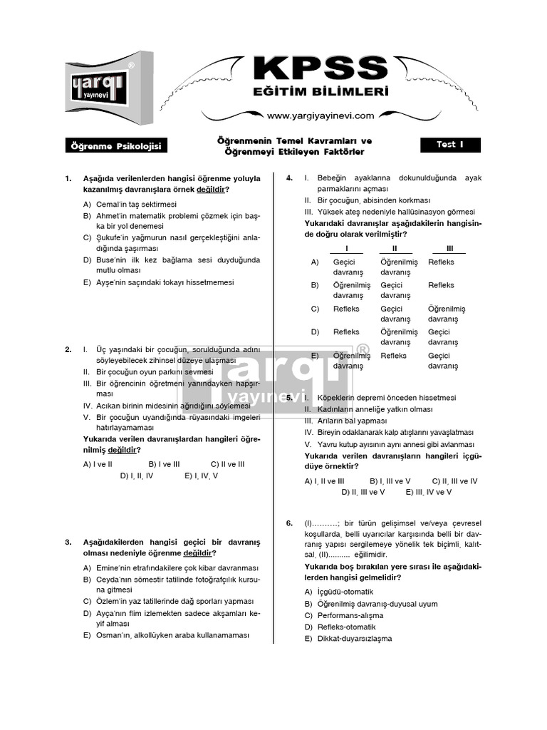 Kpss Ogrenme Psikolojisi Test Sorulari Ve Cevaplari | PDF