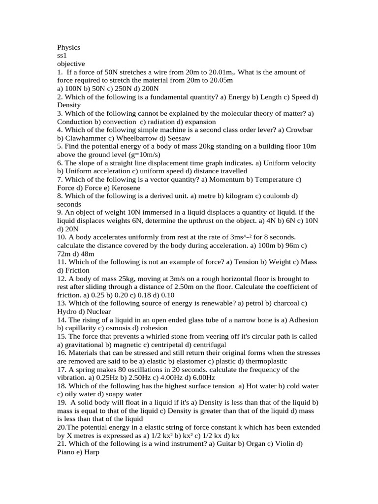 physics ss1 edited | PDF | Force | Gases