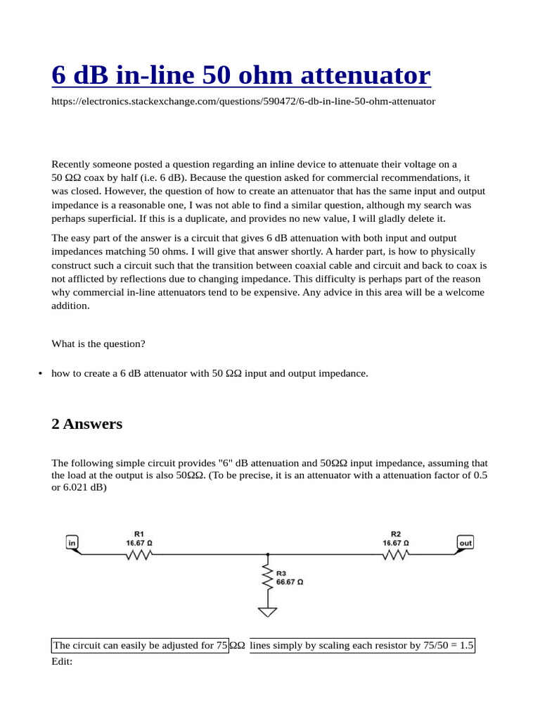 6 DB In-Line 50 Ohm Attenuator | PDF | Electrical Impedance | Decibel