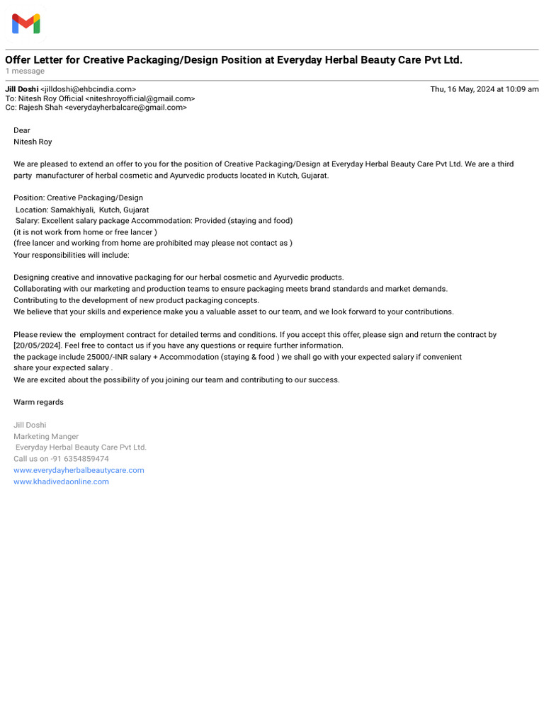 Offer Letter for Creative Packaging_Design Position at Everyday Herbal ...