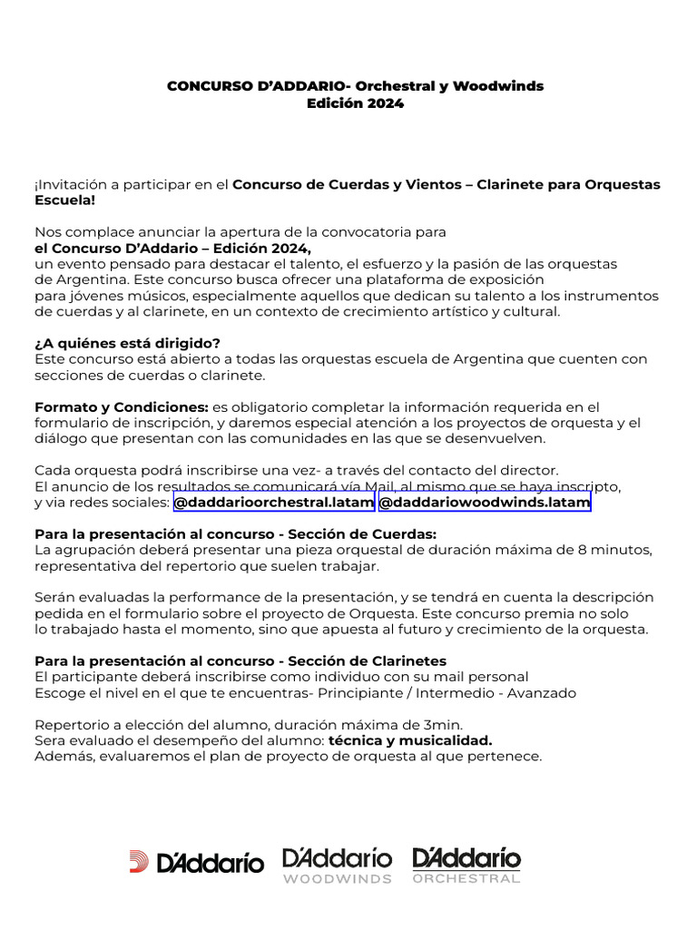 Concurso D'Addario 2024: Orquestas y Clarinete | PDF | Orquestas