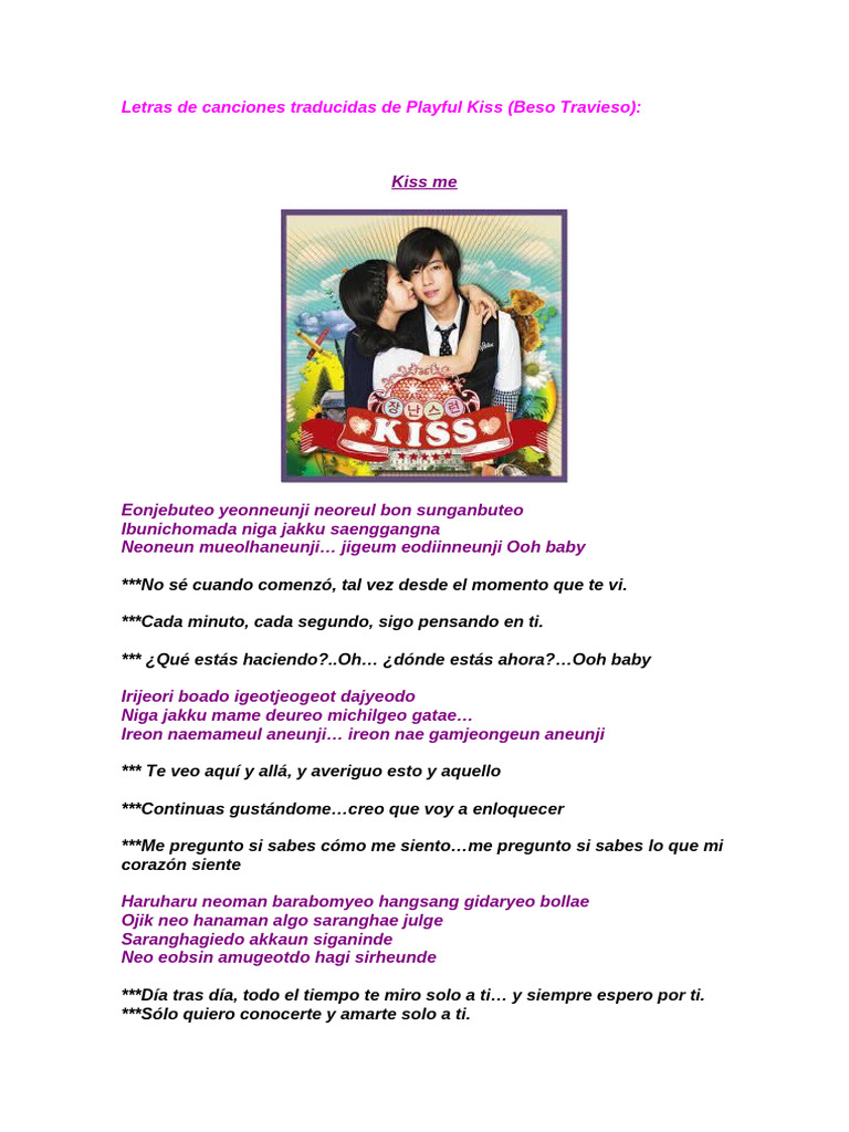 Letras de canciones traducidas de Playful Kiss | PDF