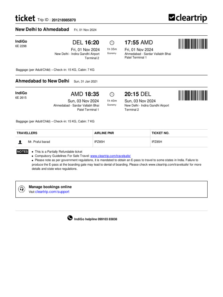 Cleartrip Flight Domestic E-Ticket (2) | PDF | Airlines | Fee