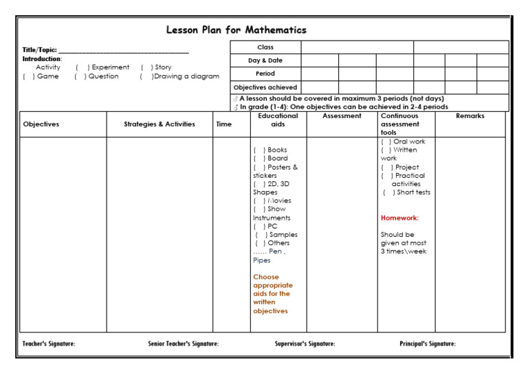 Lesson Plan For Mathematics Blank Form | PDF | Teaching | Learning