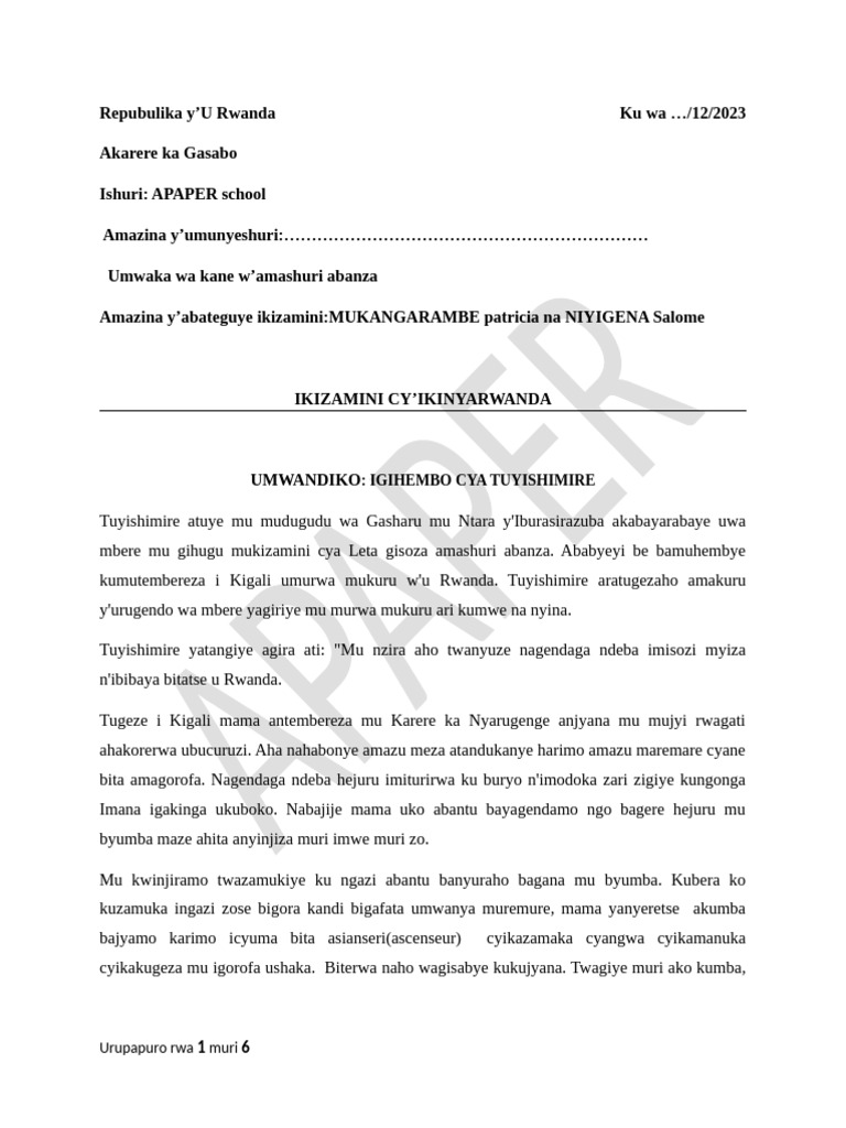 Ikizamini Cy'Ikinyarwanda Umwaka Wa Kane Wamashuri Abanza | PDF