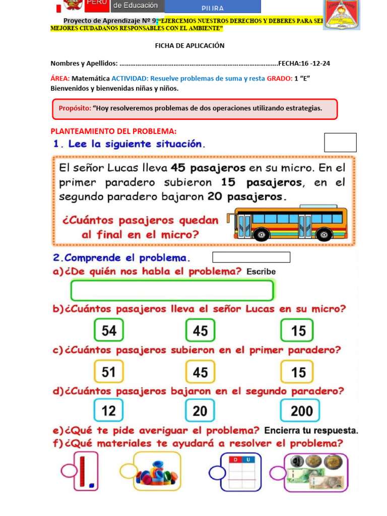Ficha Mat Resuelve Problemas de Suma y Resta | PDF