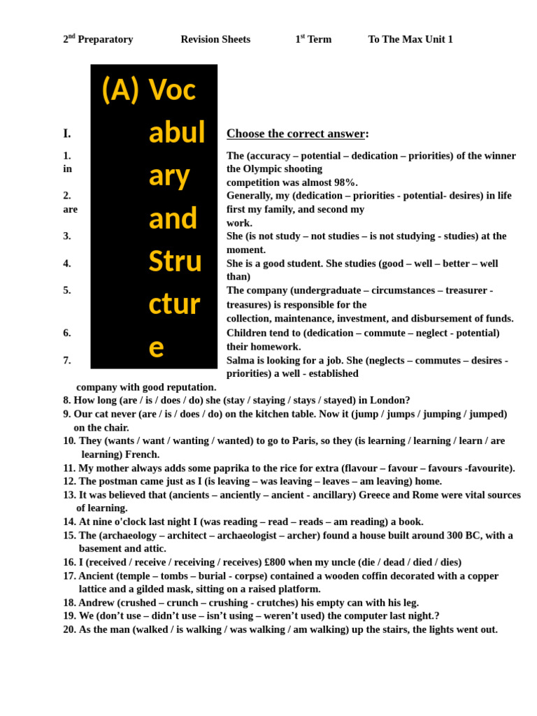 2nd Preparatory Revision Sheets Unit 1 | PDF