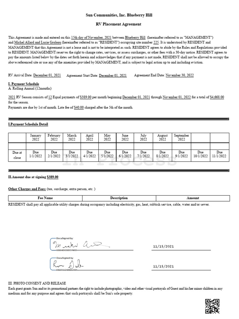 RV Agreement | PDF | Fee | Nuisance