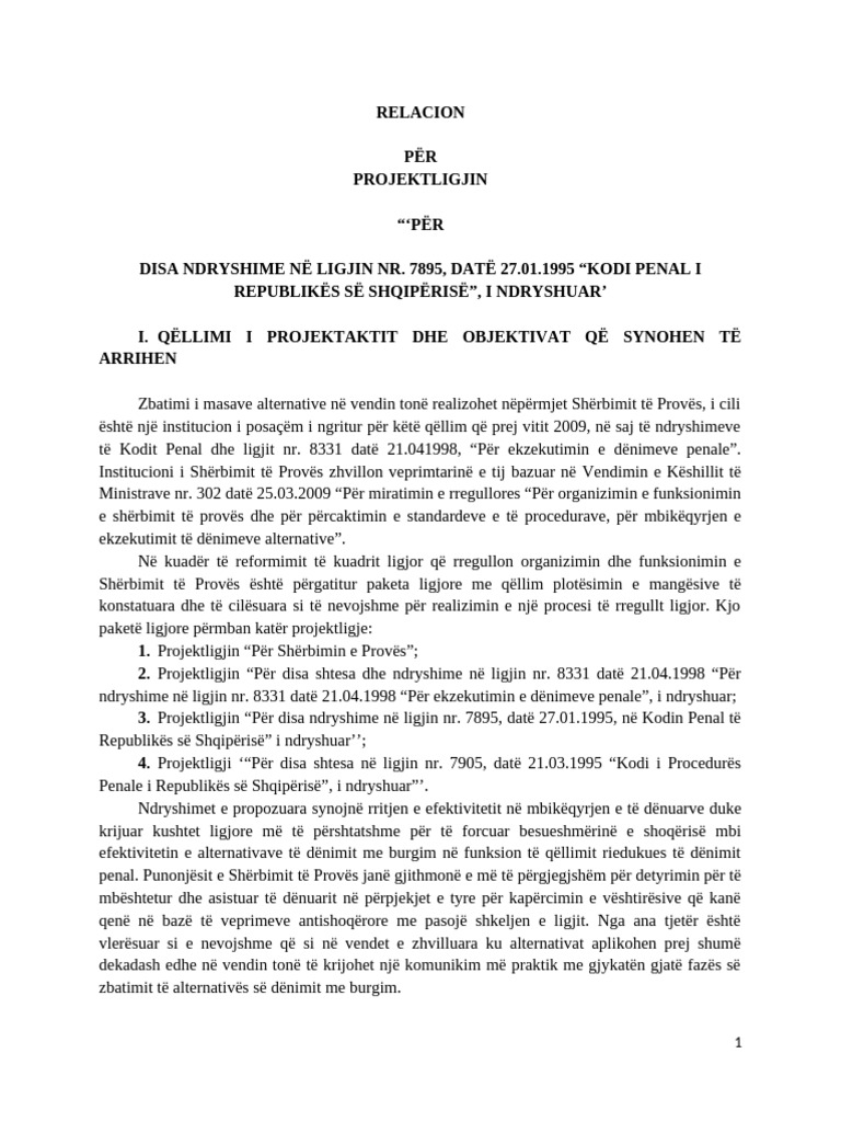 RELACION Per Ndryshimet Ne Kodin Penal Nga Sherbimi I Proves | PDF