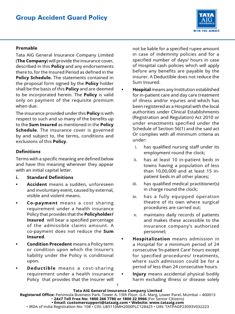 Group Accident Guard Policy Polciy Wordings 7354e32876 | PDF ...
