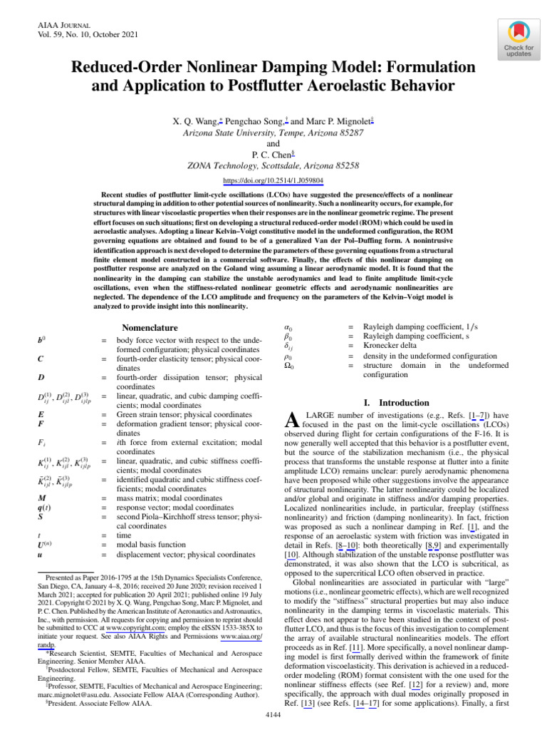 Wang Et Al 2021 Reduced Order Nonlinear Damping Model Formulation and Application to Postflutter ...
