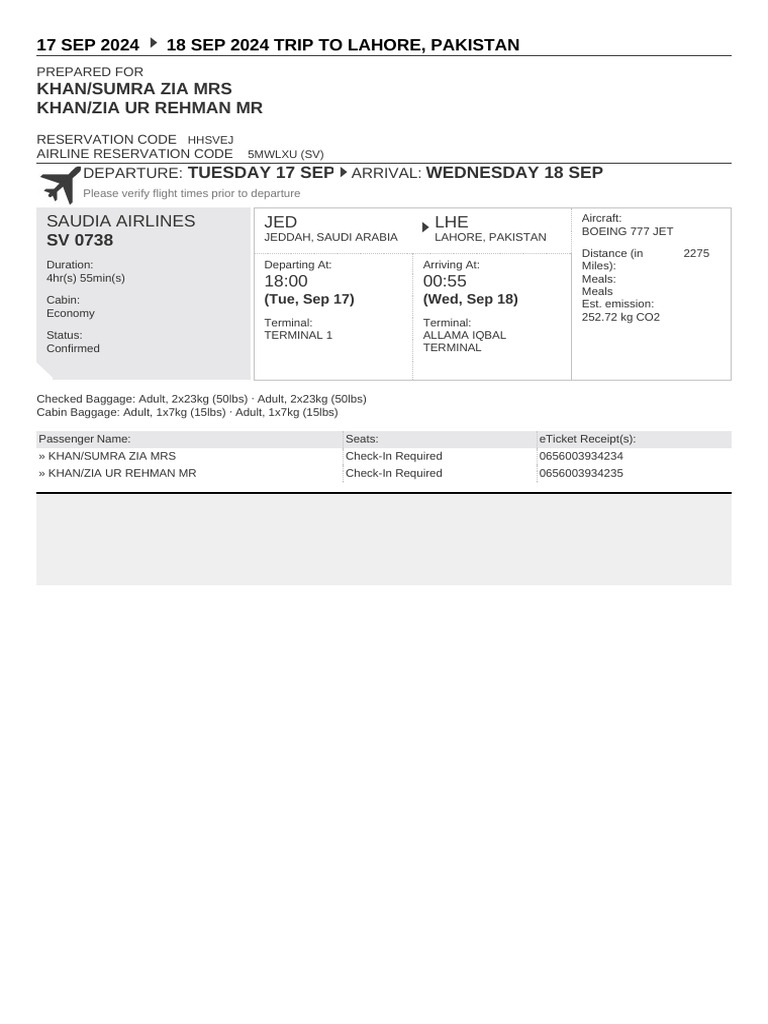 Travel Reservation September 17 For MRS SUMRA ZIA KHAN | PDF