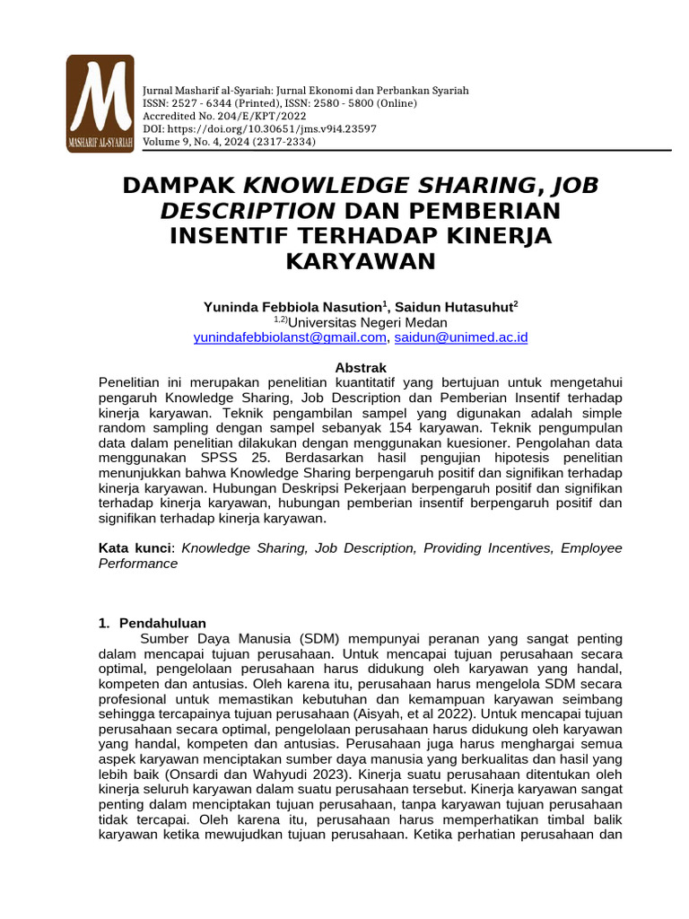 DAMPAK+KNOWLEDGE+SHARING,+JOB+DESCRIPTION+DAN+PEMBERIAN+INSENTIF+TERHADAP+KINERJA+KARYAWAN | PDF