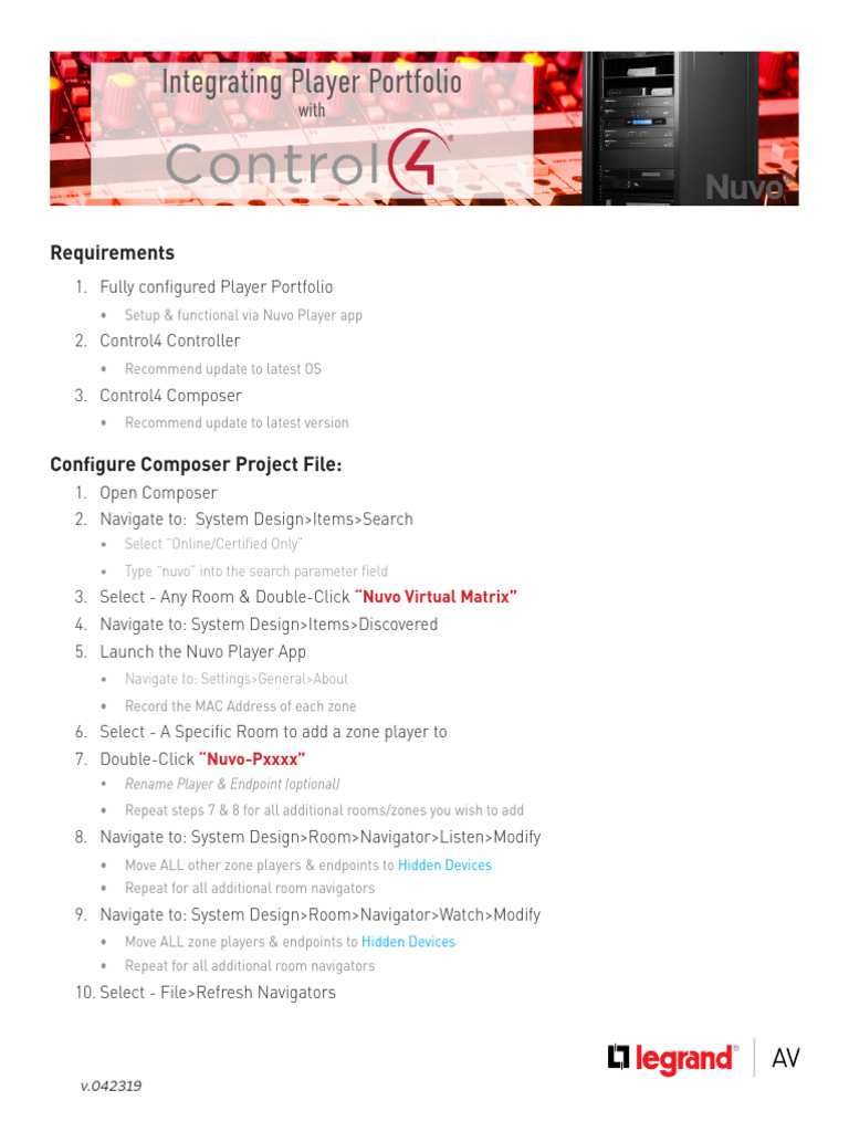 AVD NV SUP Control4NuvoPlayerIntegrationGuide 042319 | PDF | Computing Platforms | Software