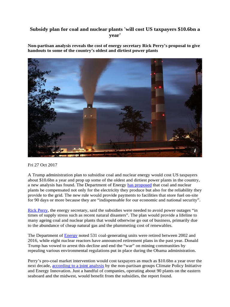 Article On US Coal and Nuclear Subsidies | PDF | United States ...