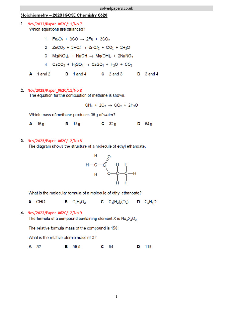 IGCSE Chemistry 2023 Stoichiometry Papers | PDF