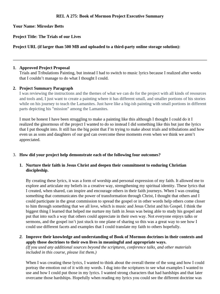 Book of Mormon Music Project Summary | PDF | Jesus | Book Of Mormon