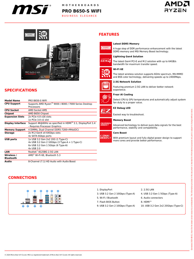 MB MSI PRO-B650-S-WIFI | PDF | Usb | Computer Engineering