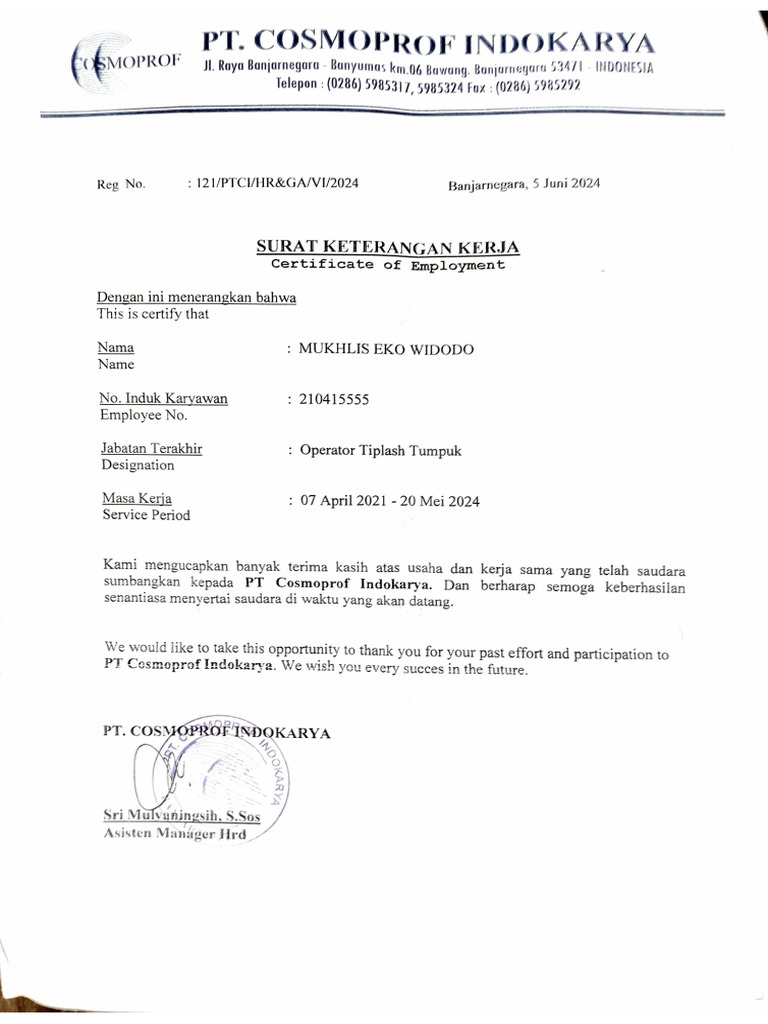 Surat Perjanjian Kerja - PT Cosmoprof Indokarya | PDF