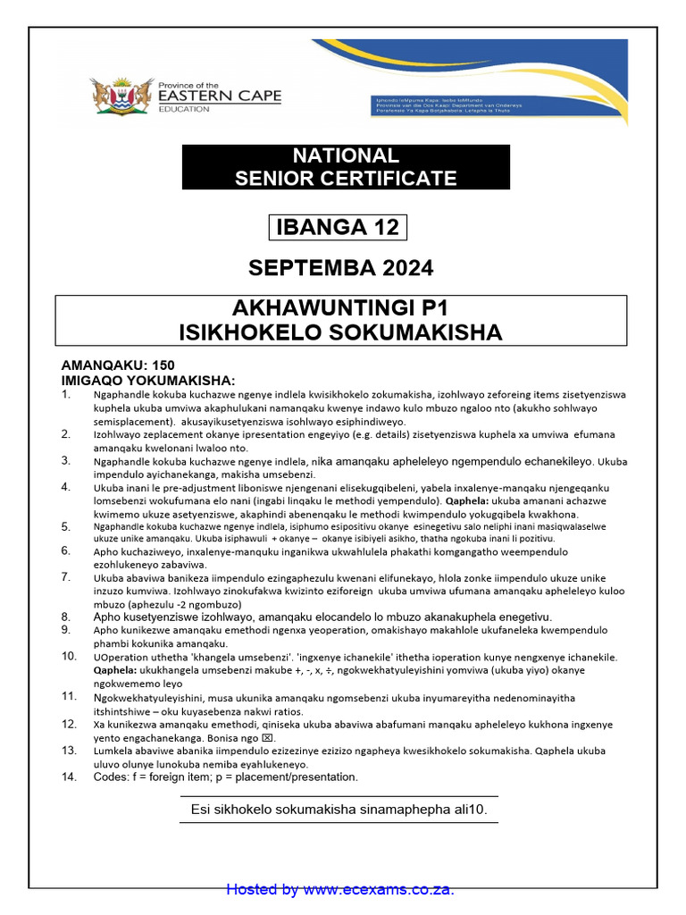 ACCOUNTING P1 GR12 MEMO SEPT2024 - Xhosa - Watermark | PDF | Income | Private Sector