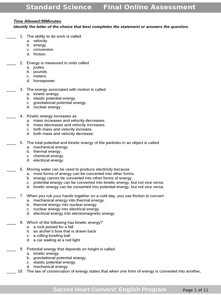 Grade 11 Science Energy Assessment | PDF | Force | Acceleration