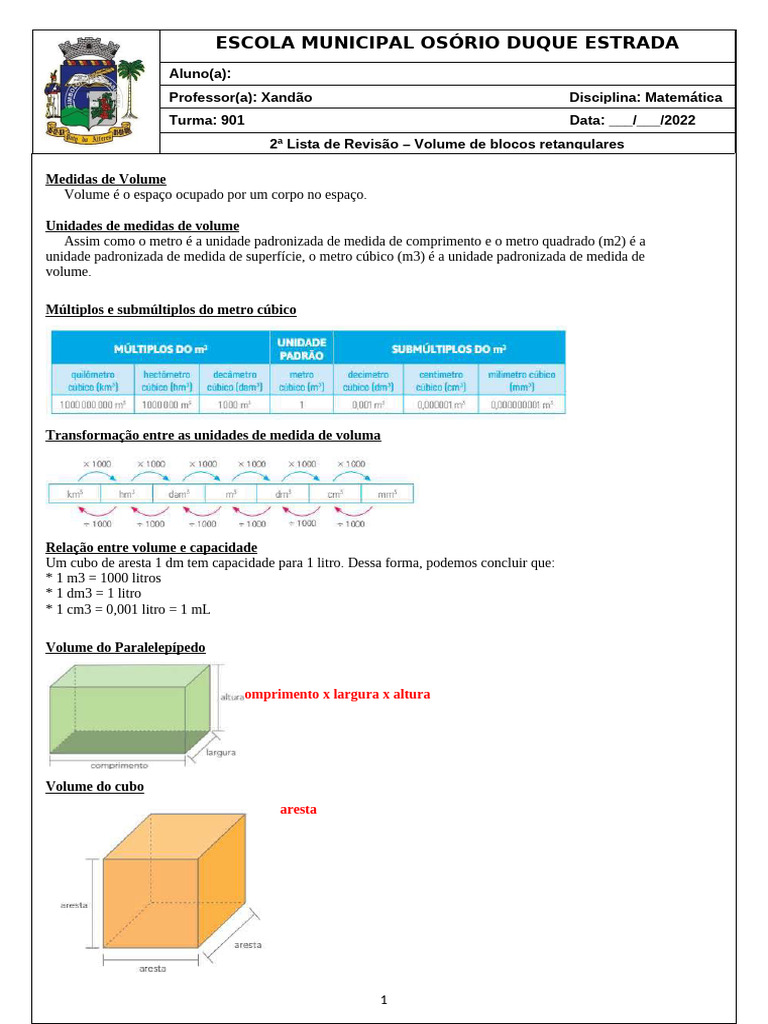 2 Lista de Revisão - 9º Ano - Volume de Blocos Retangulares | PDF | Litro | Volume