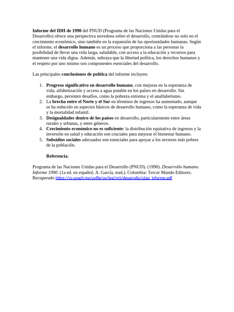 Informe IDH 1990: Desarrollo Humano PNUD | PDF