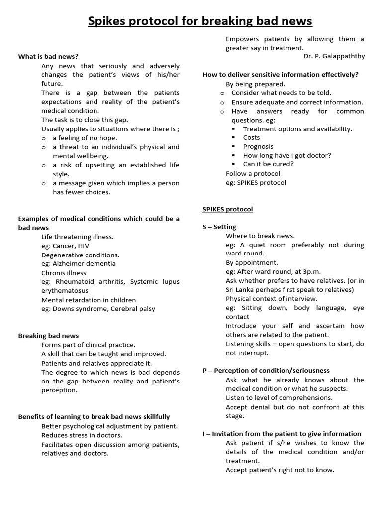 SPIKES Protocol for Breaking Bad News | PDF | Empathy | Emotions