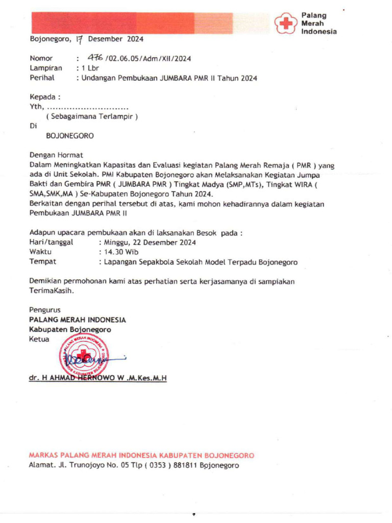 Undangan Kepala Sekolah Madarasah Peserta Jumbara PMR 2024 | PDF