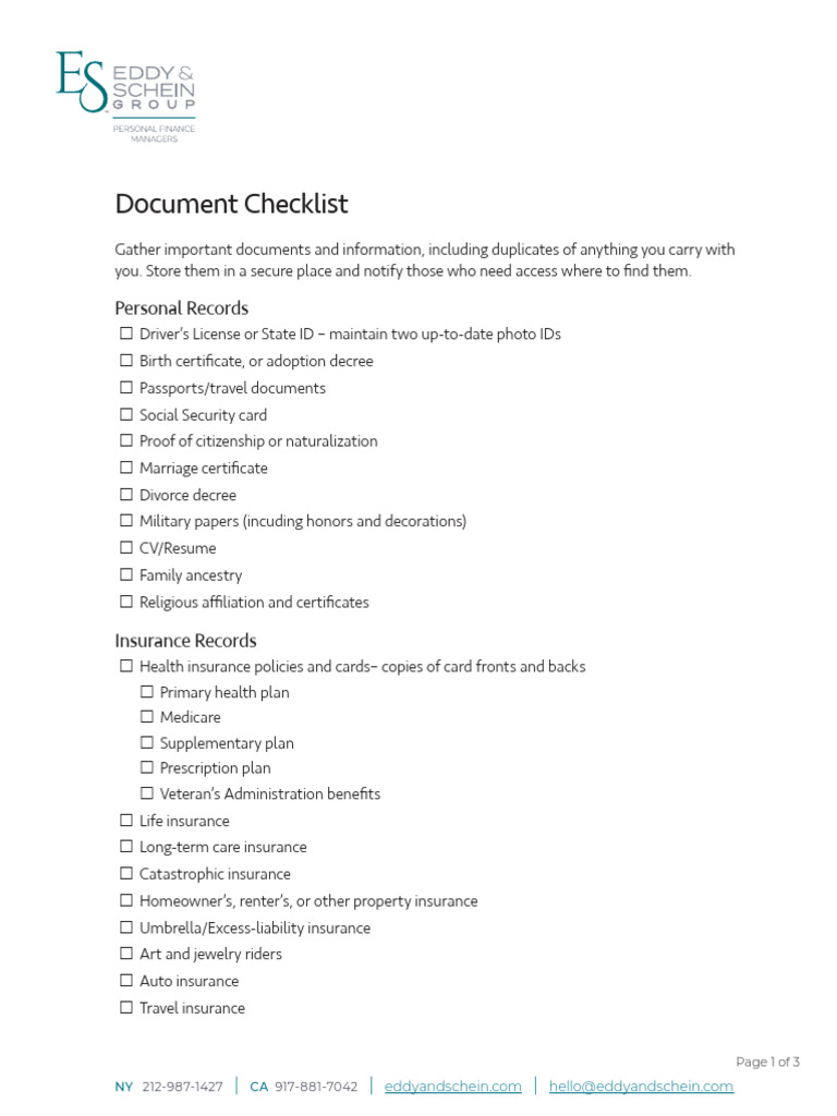 Eddy and Schein - WORKSHEET - Important Documents Checklist | PDF | Insurance | Renting