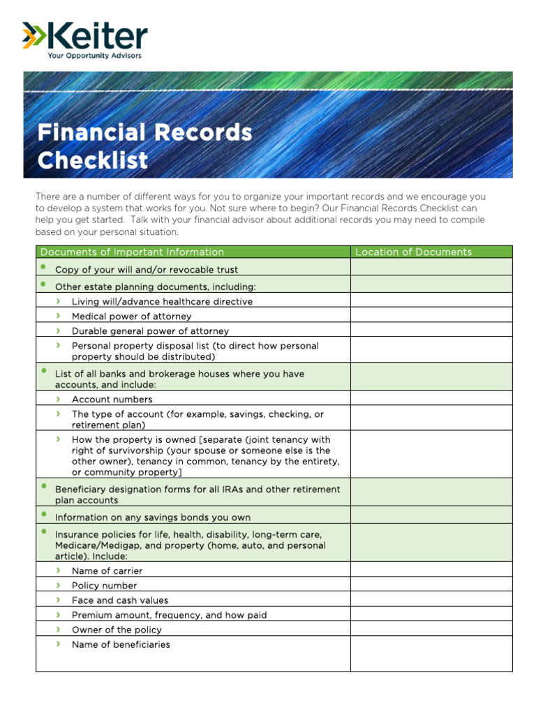 Financial_Records_Checklist_FEEAS | PDF | Concurrent Estate | Private Law