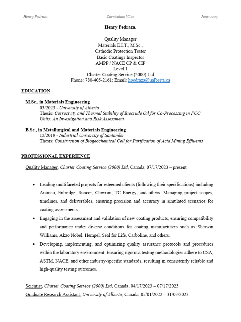CV_Henry Pedraza | PDF | Corrosion | Materials