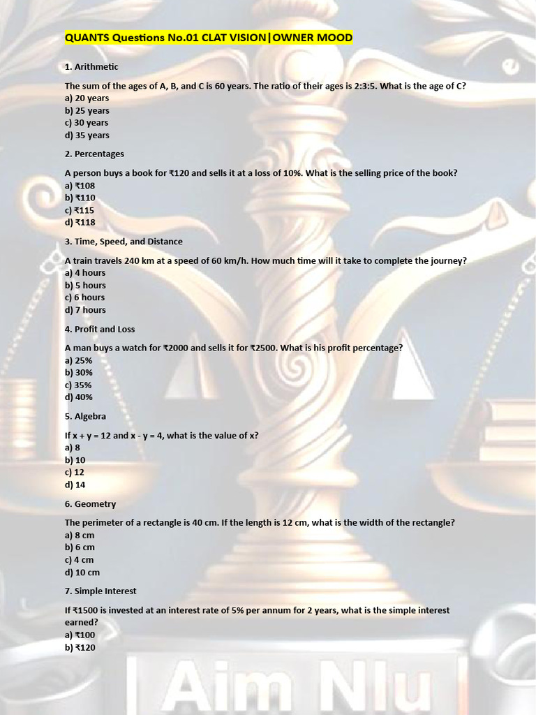 QUANTS Questions No.01 by CLAT VISION | PDF | Odds | Interest
