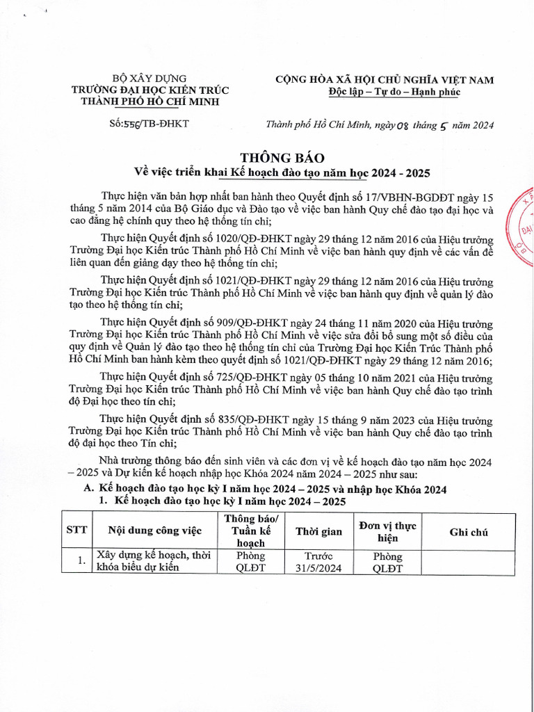 LICH DAO TAO UAH20240508 - 556 - TB VV Trien Khai Ke Hoach DT NH 2024 - 2025 | PDF