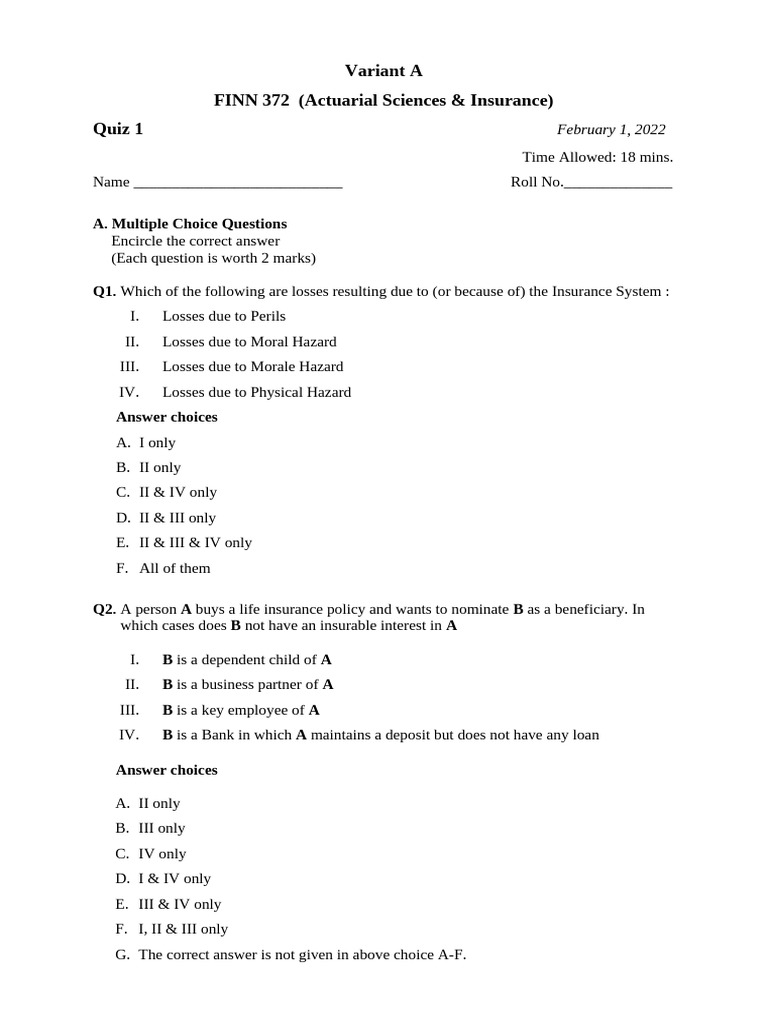 Quiz 1, Spring 2022 | PDF | Insurance | Risk