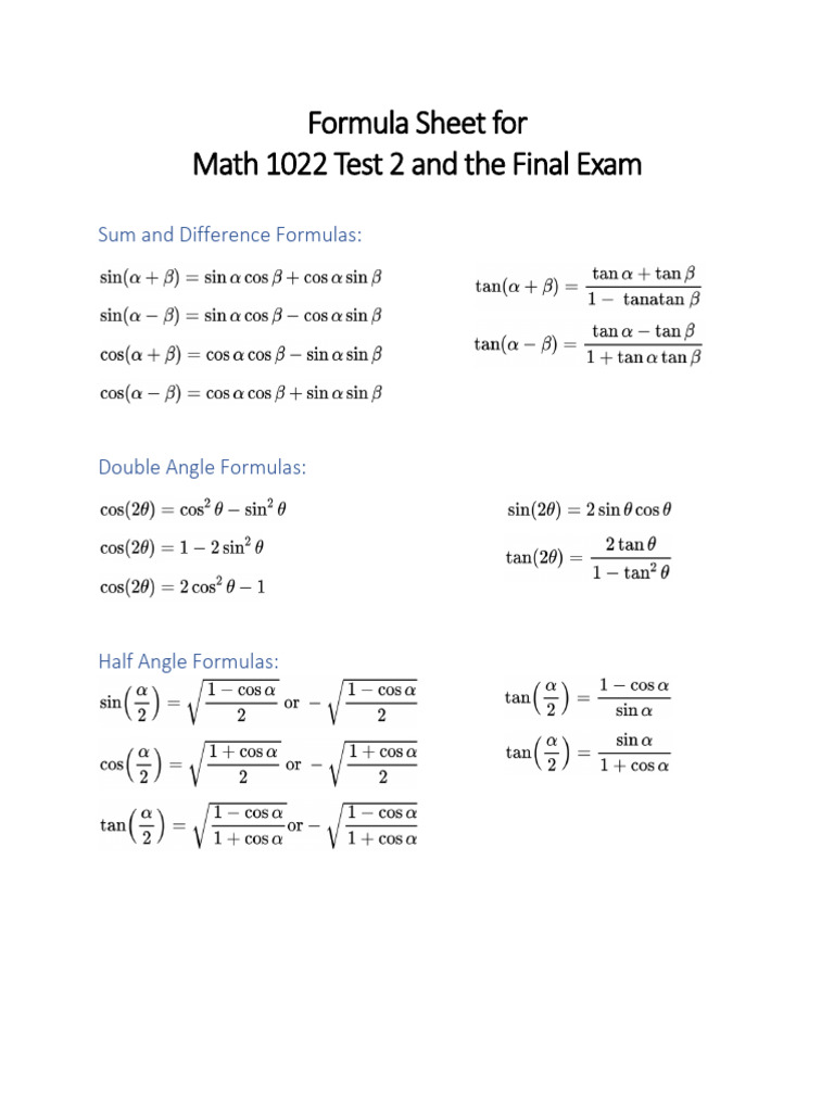 Math 1022 Exam Formulas | PDF