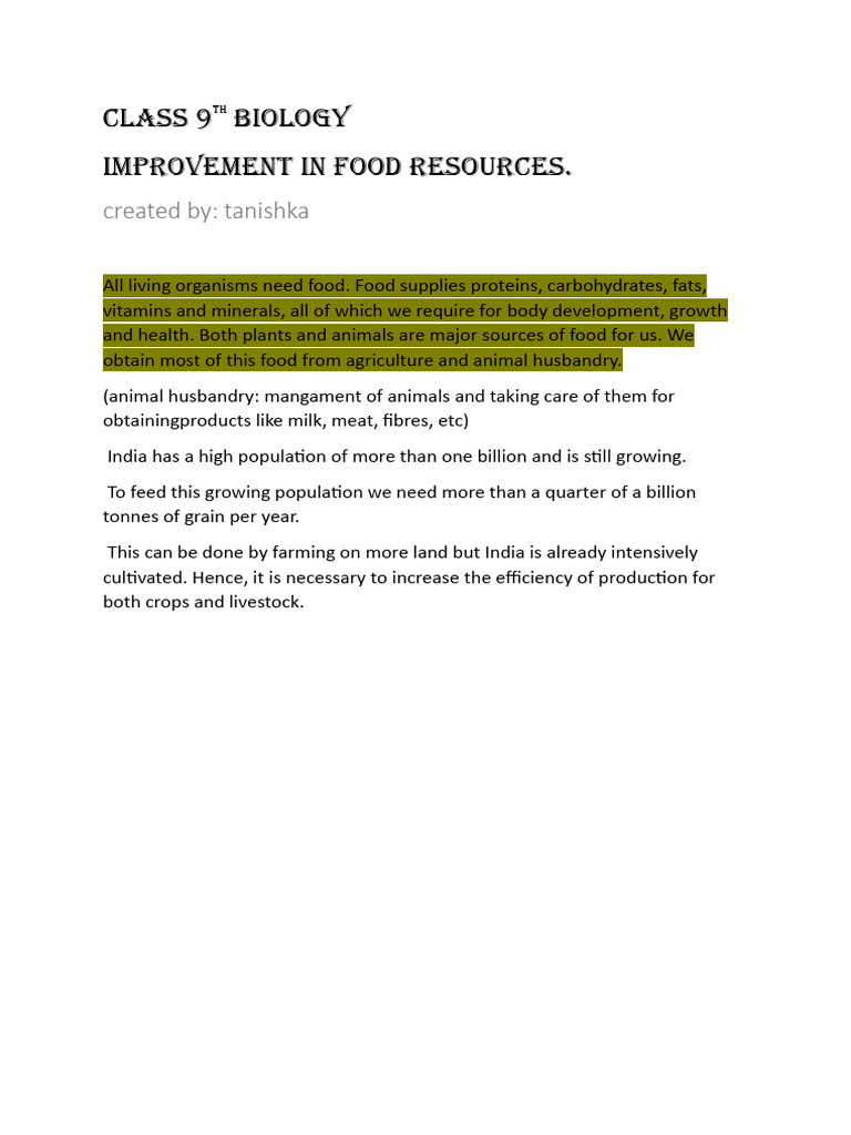 CLASS 9TH BIOLOGY Improvement in Food Resources | PDF | Foods | Fertilizer