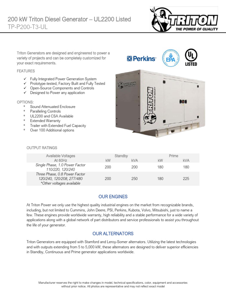200 KW Perkins Diesel Generator Epa TP p200 t3 Ul | PDF | Engines ...