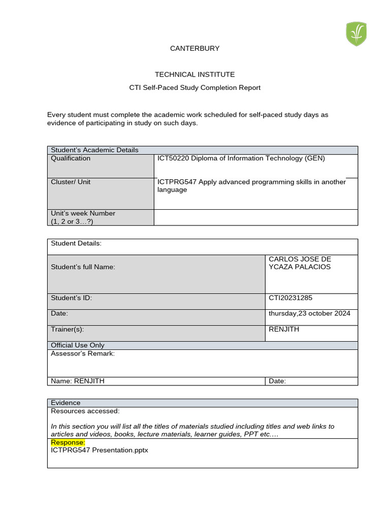 CTI Self-Paced Study Completion Report | PDF | Computer Programming ...