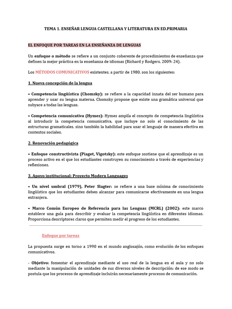 Tema 1 - Lengua y Literatura | PDF | Educación primaria | Aprendizaje