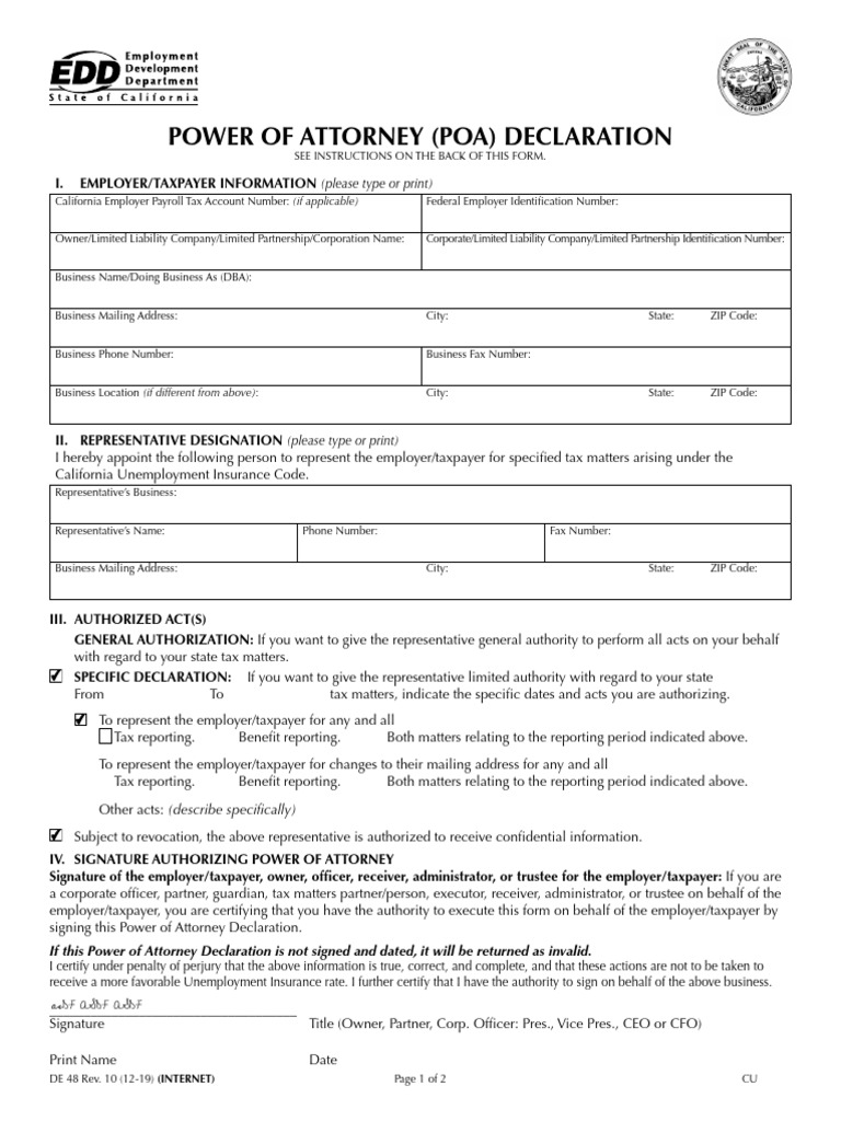 California Power of Attorney (POA) Declaration | PDF | Taxpayer | Power ...