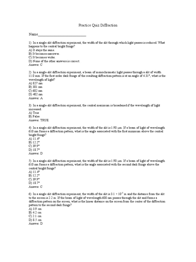 Single-Slit Diffraction Quiz | PDF | Interference (Wave Propagation ...
