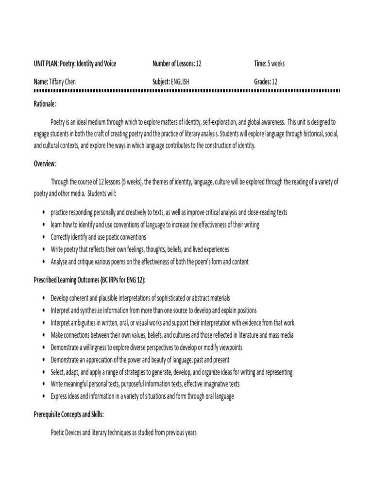 Poetry Unit Plan: Identity & Voice | PDF | Poetry | Lesson Plan