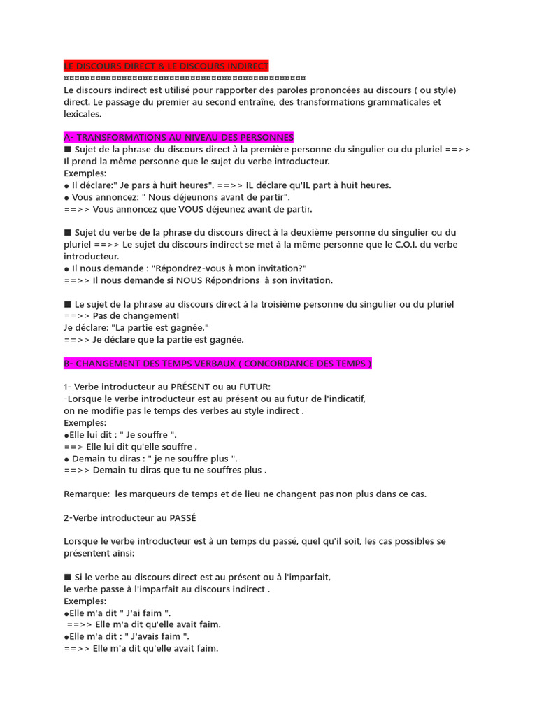 Discours Direct et Indirect : Guide Pratique | PDF | Verbe | Phrase