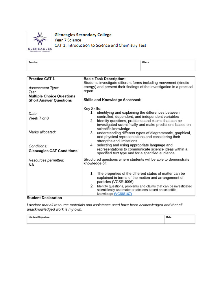 CAT 2 - PRACTICE - Year 7 Practice CAT | PDF | Liquids | Gases