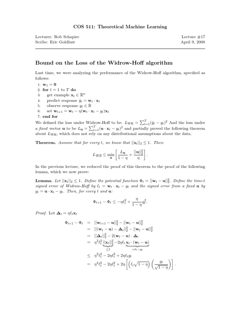Bound On The Loss Of The Widrow Hoff Algorithm Pdf Estimation Theory Fraud