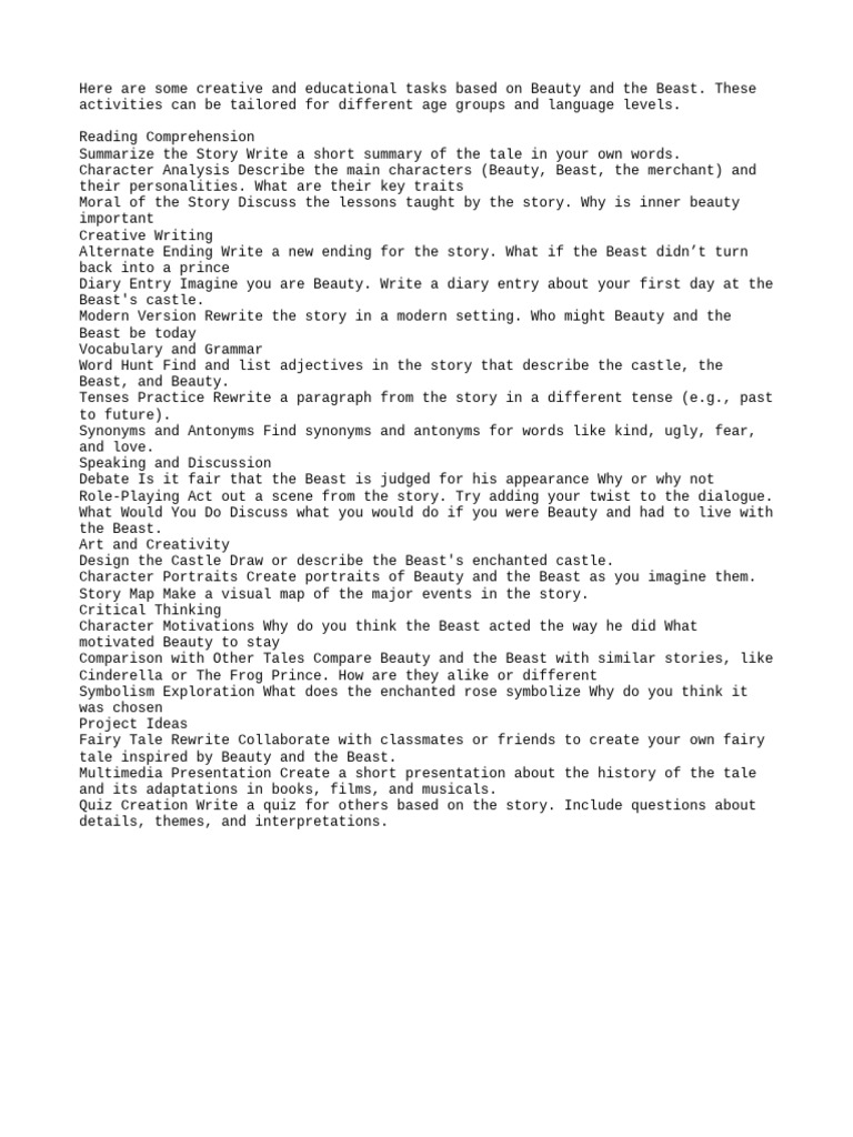 First Grade Activities for Beauty and the Beast | PDF