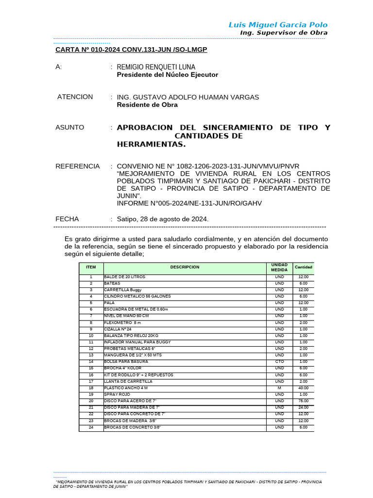 Carta N°010 - Aprobacion de Sinceramiento de Herramientas | PDF