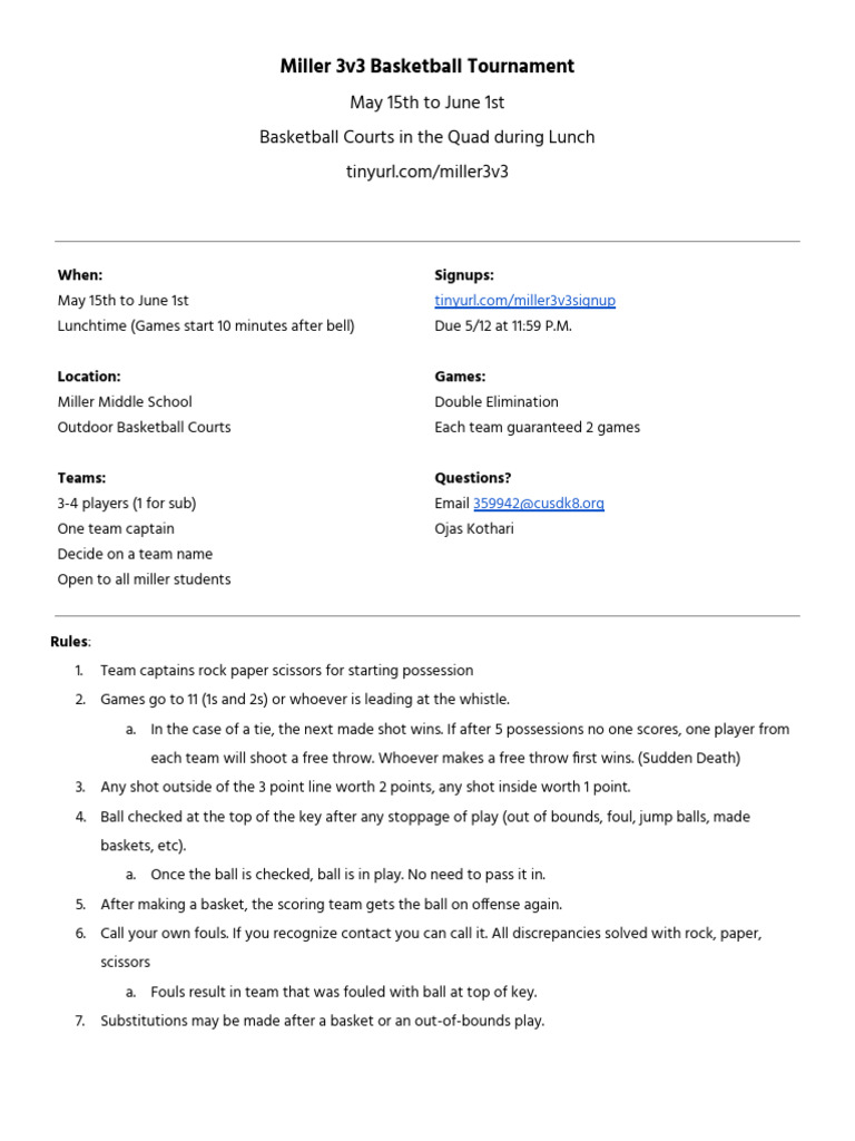 Miller 3v3 Basketball Tournament Info | PDF | Athletic Sports | Indoor ...